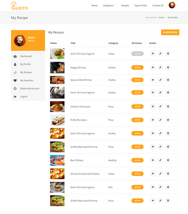 Gusto - Recipe Management PHP Script| InkThemes