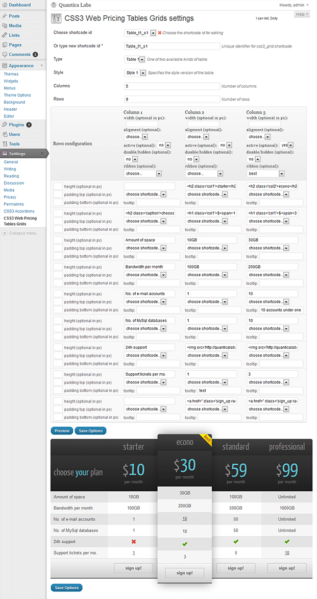 CSS3 Pricing Tables WordPress Plugin | InkThemes